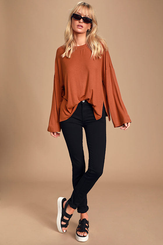 Cool Rust Orange Top - Ribbed Top - Long Sleeve Top - Basic Top - Lulus