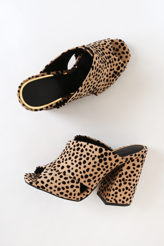Cute Tan And Black Leopard Heels Peep Toe Mules Vegan Heels Lulus