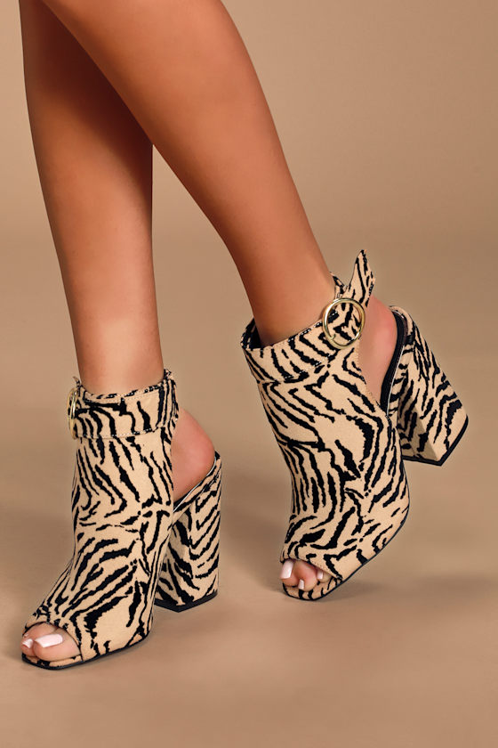 Tan and Black Tiger Booties - Peep-Toe Booties - Suede Booties - Lulus