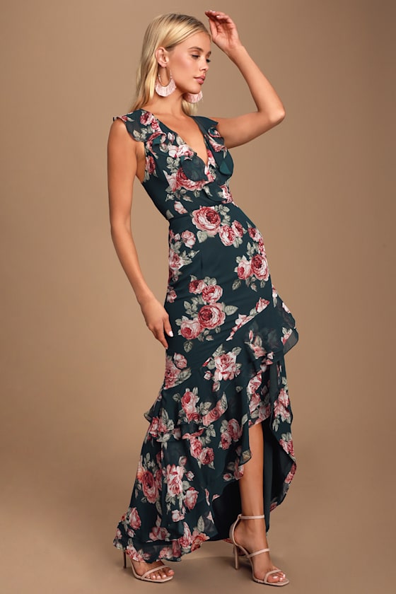 Dark Green Floral Print Maxi Dress High Low Dress Maxi Dress Lulus