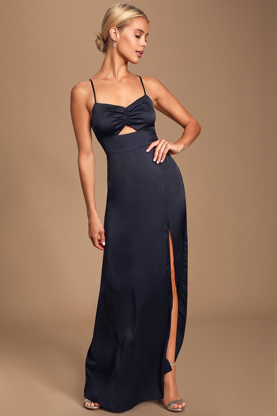 Sexy Navy Blue Dress Satin Dress Ruched Maxi Dress Gown Lulus