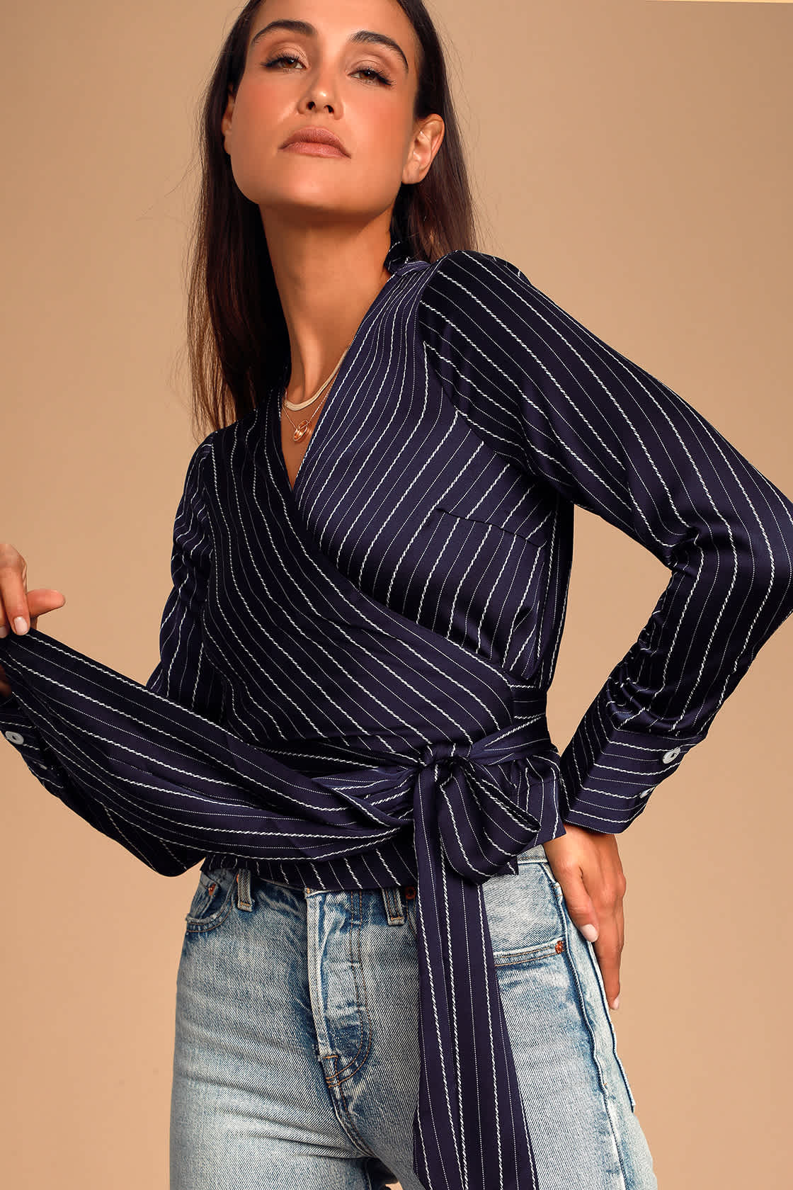 Sleek Navy Blue Striped Top - Satin Top - Wrap Top - Long Sleeve - Lulus