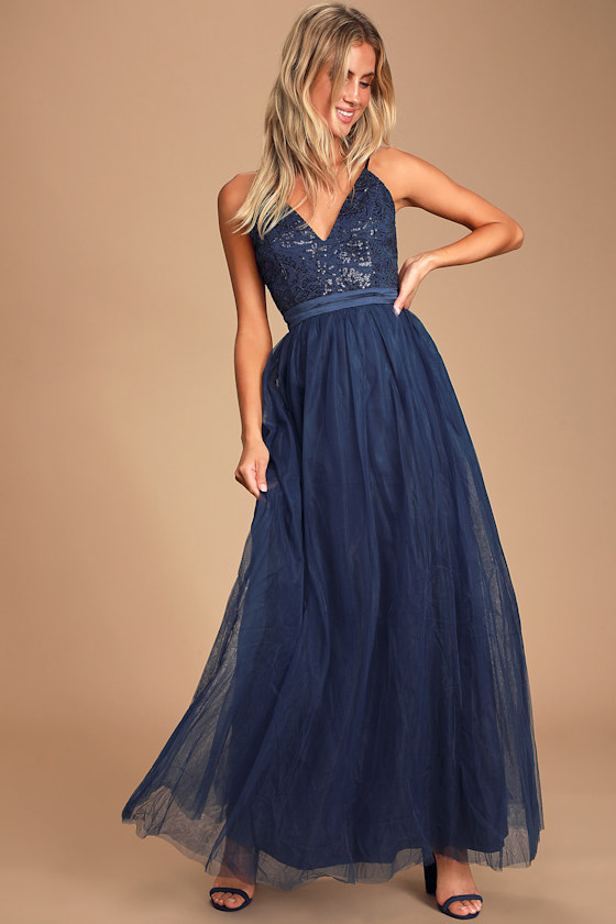 Lovely Navy Blue Maxi Dress - Sequin Dress - Tulle Maxi Dress - Lulus
