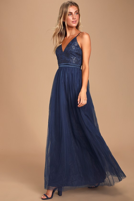 Lovely Navy Blue Maxi Dress Sequin Dress Tulle Maxi Dress Lulus