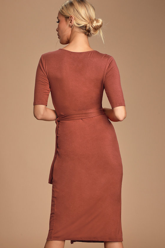 Chic Rust Red Dress - Midi Wrap Dress - Jersey Knit Dress - Lulus