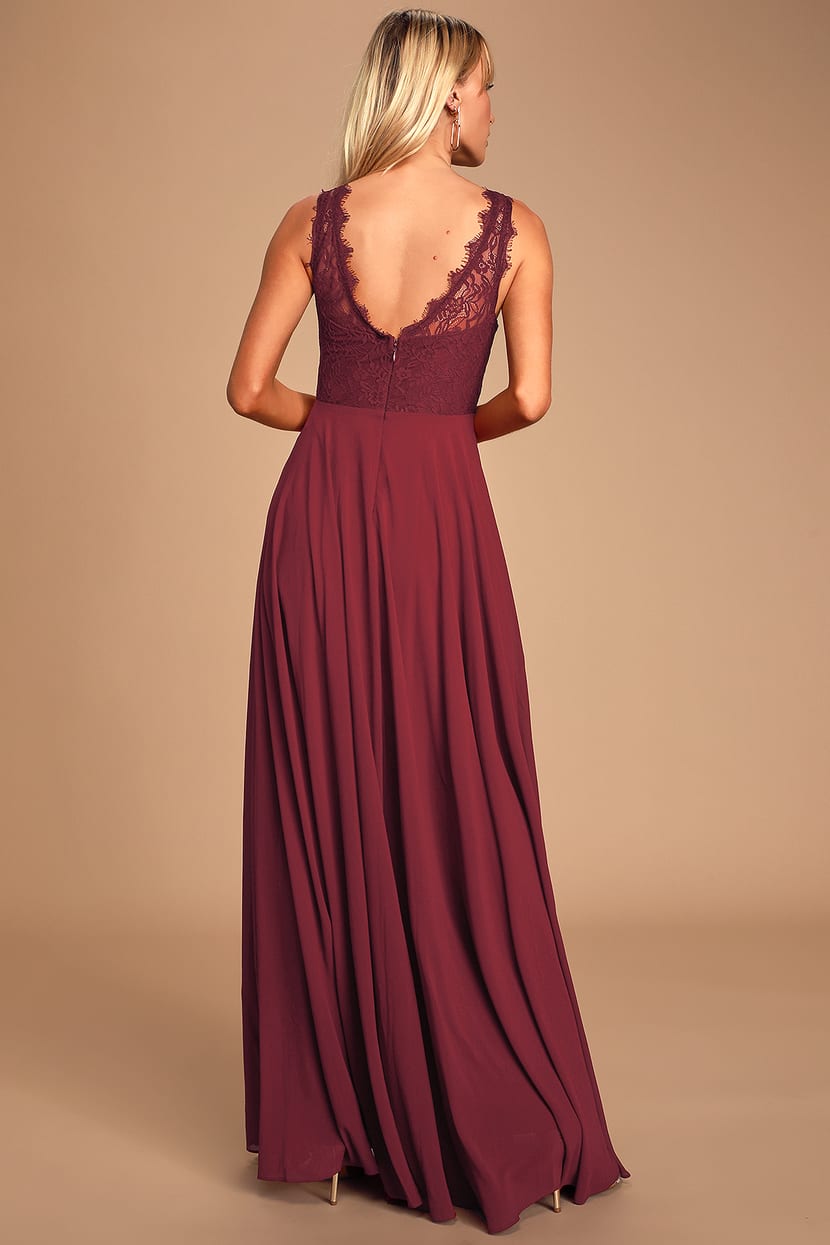 Divine Evening Burgundy Lace Chiffon Maxi Dress Lace Chiffon Maxi