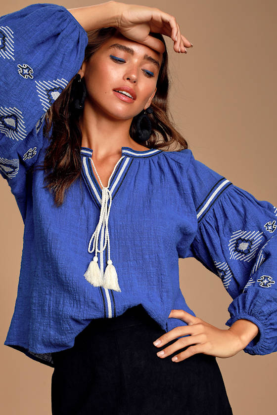 Boho Royal Blue Top - Embroidered Top - Blue Balloon Sleeve Top - Lulus