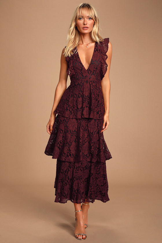 Lovely Burgundy Dress Lace Dress Maxi Dress Tiered Maxi Lulus