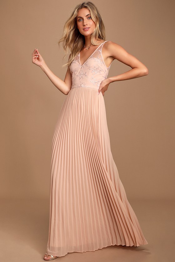 Lovely Blush Pink Dress Pleated Maxi Dress Lace Dress Lulus