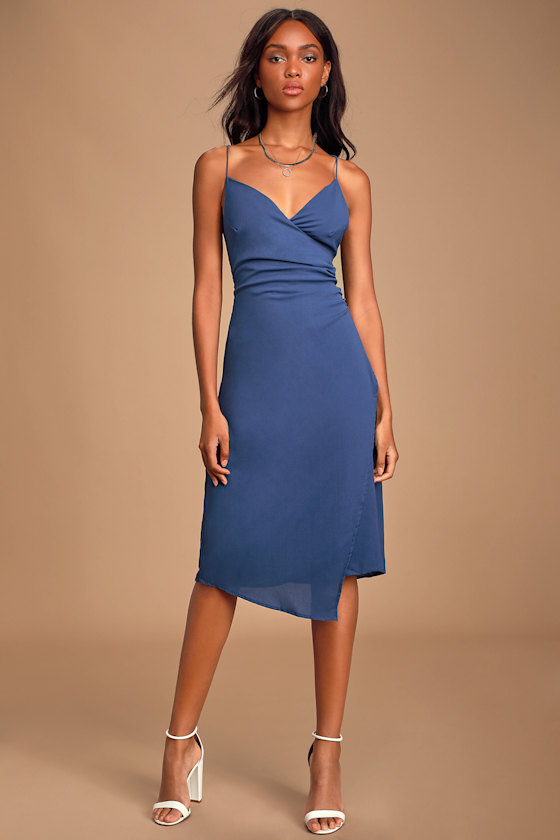 Chic Blue Dress - Surplice Dress - Midi Dress - Backless Dress - Lulus