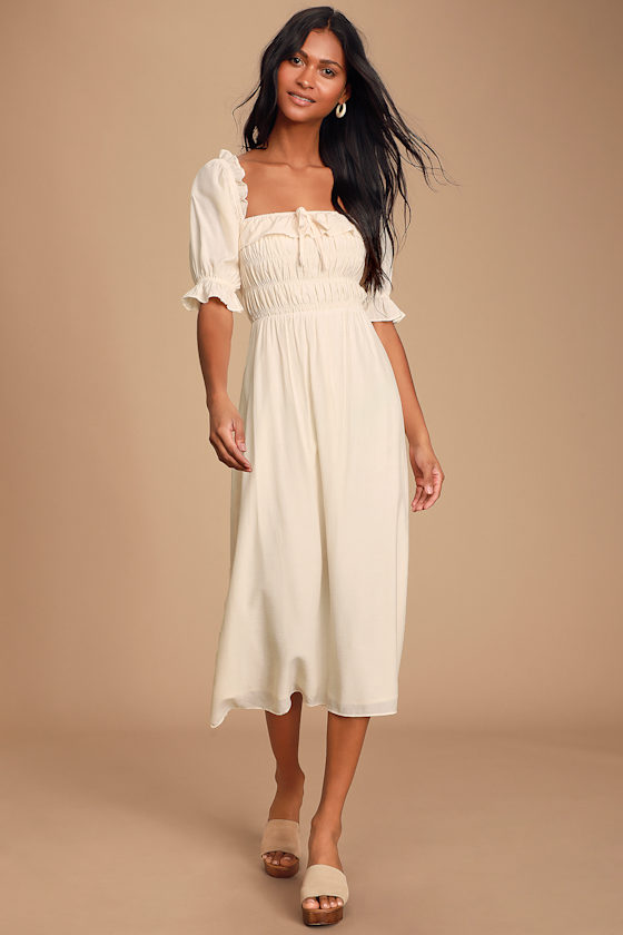 Cute Cream Midi Dress - Puff Sleeve Dress - Smocked Dress - Dress - Lulus