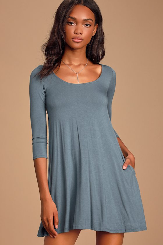 Cute Blue Dress - Swing Dress - Three-Quarter Sleeve Dress - Lulus