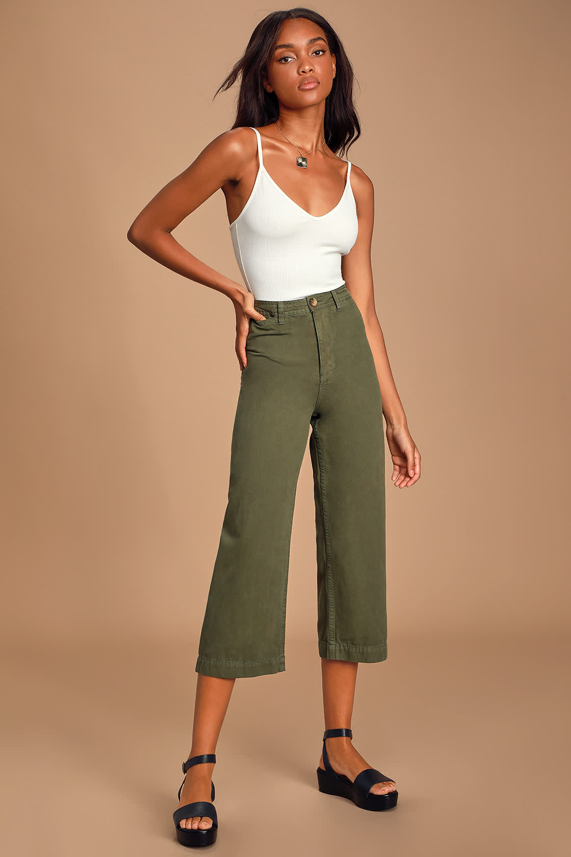 Cute Olive Green Pants - Wide-Leg Pants - Wide-Leg Cropped Pants - Lulus