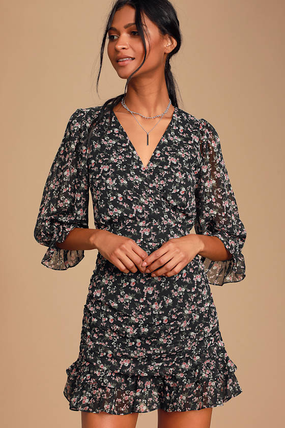 Chic Black Floral Print Dress - Ruched Mini Dress - Ruffled Dress - Lulus