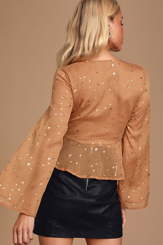 Chic Chiffon Blouse - Gold and Tan Star Print Top - Ruched Top - Lulus