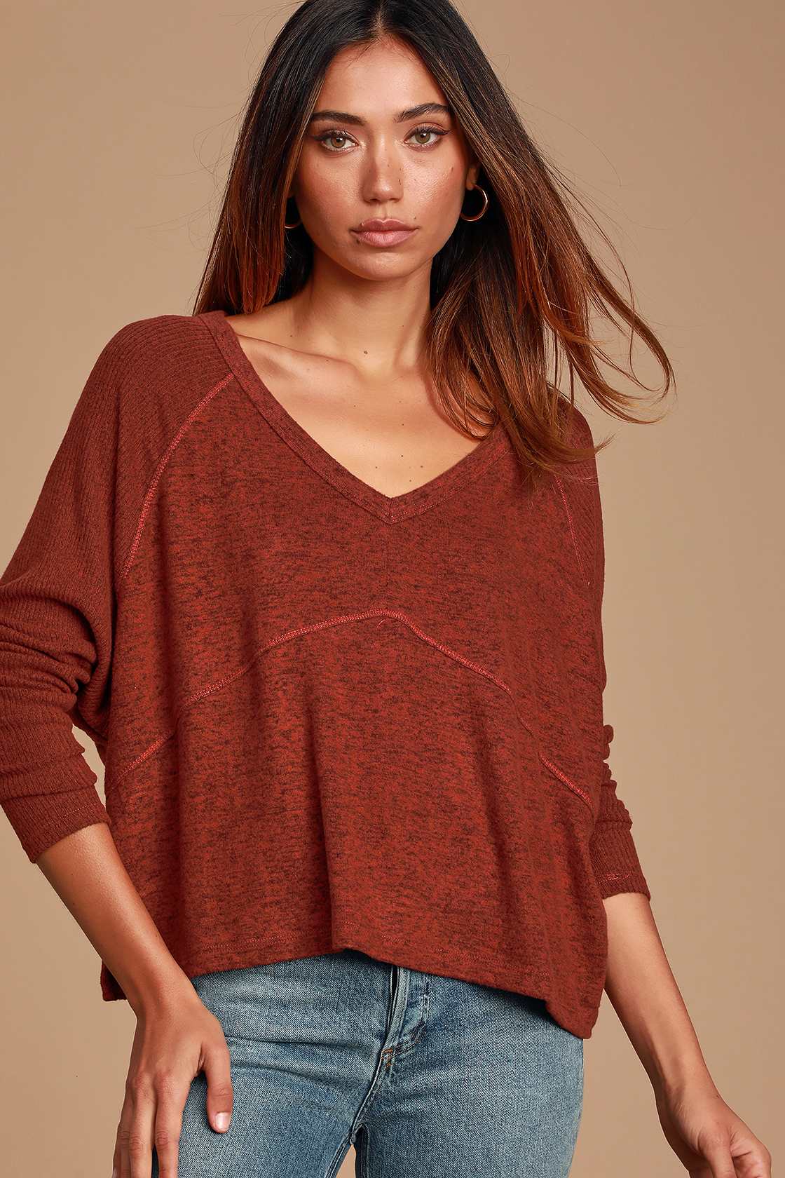 Cozy Knit Sweater Top - Rust Orange Top - Raglan Sleeve Sweater - Lulus