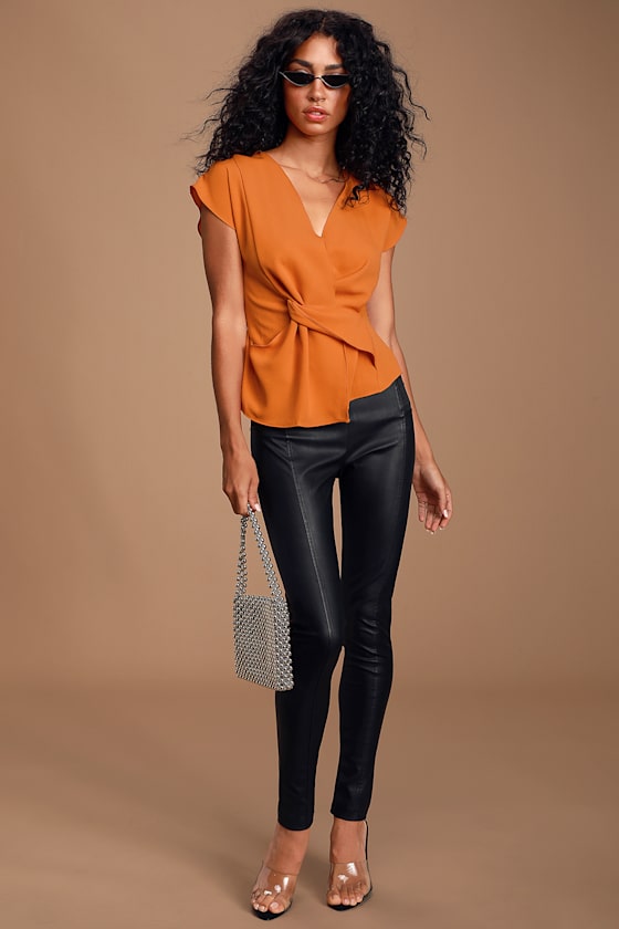 Rust Orange Surplice Top - Twist-Front Top - Short Sleeve Blouse - Lulus