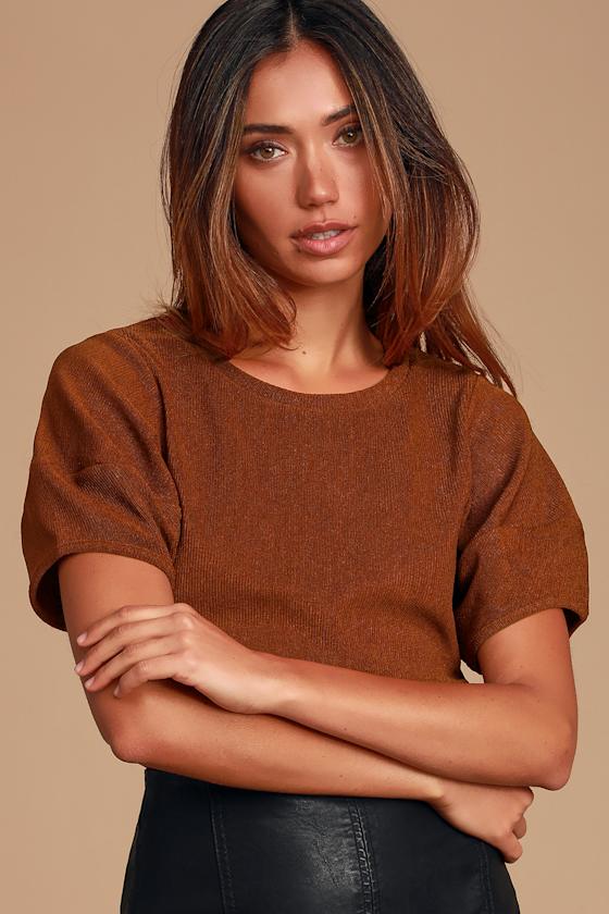 Cute Brown Top - Ribbed Top - Shimmery Top - Puff Sleeve Top - Lulus