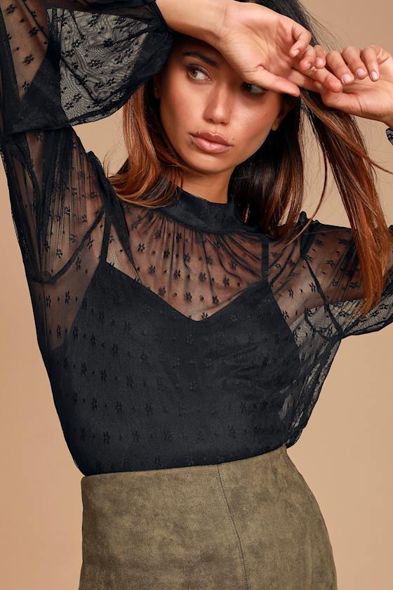 Cute Black Bodysuit - Sheer Bodysuit - Dot Print Mesh Bodysuit - Lulus