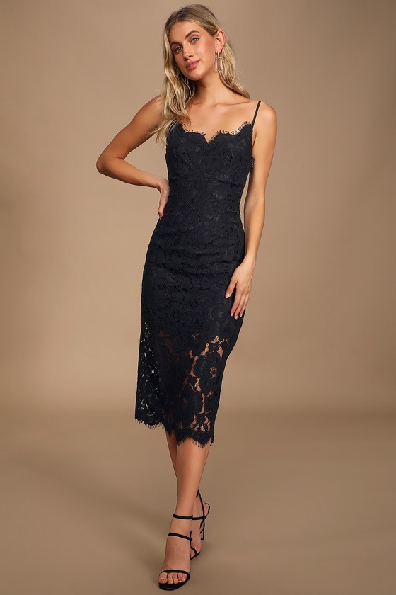 Lovely Black Lace Dress Midi Bodycon Dress Lace Midi Dress Lulus