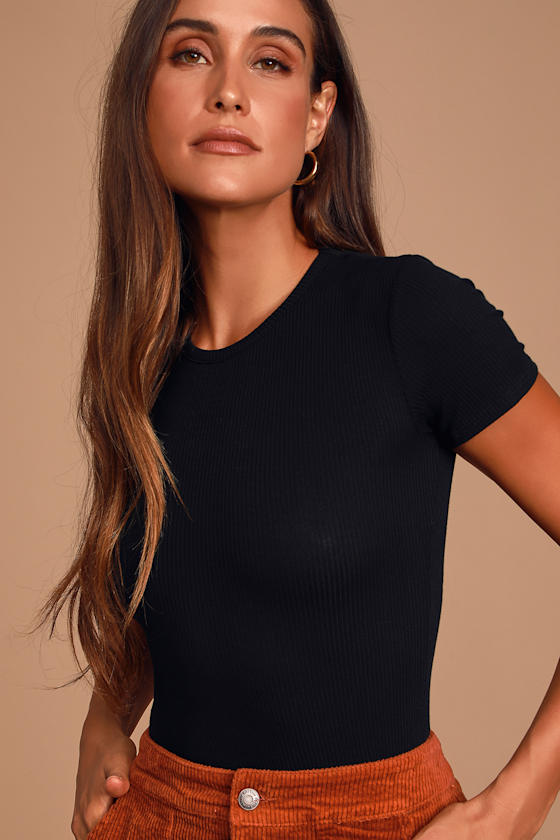 Cute Black Bodysuit Short Sleeve Bodysuit Ribbed Bodysuit Lulus