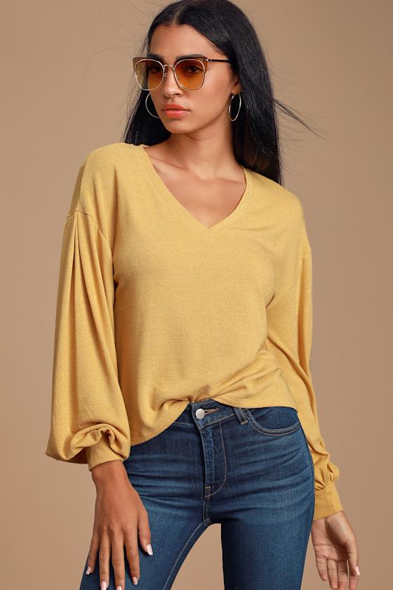 Cute Yellow Top - Balloon Sleeve Top - V-Neck Long Sleeve Top - Lulus