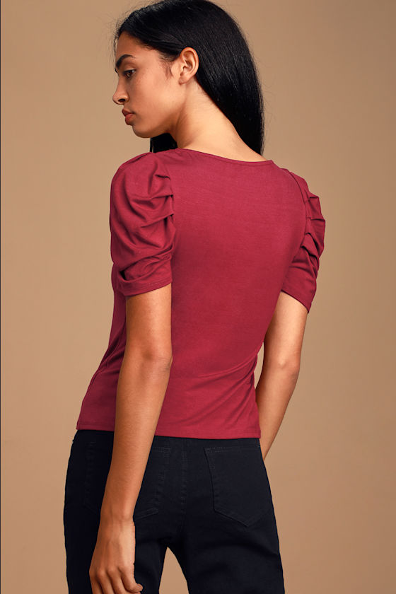 Pretty Puff Sleeve Top - V-neck Top - Wine Red Puff Sleeve Top - Lulus