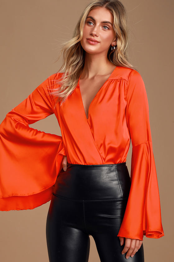 Chic Red Satin Bodysuit - Bell Sleeve Bodysuit - Surplice Top - Lulus