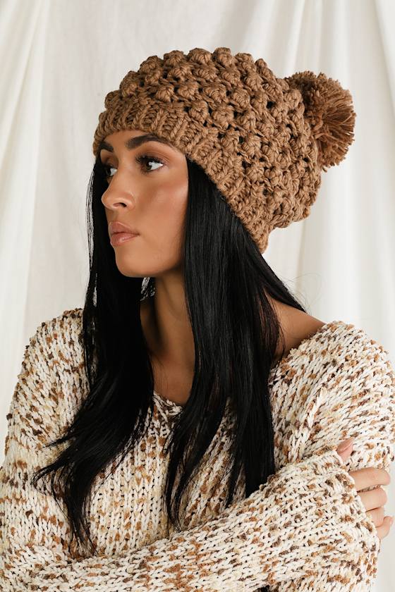 Cute Light Brown Beanie - Popcorn Knit Beanie - Pom Pom Beanie - Lulus