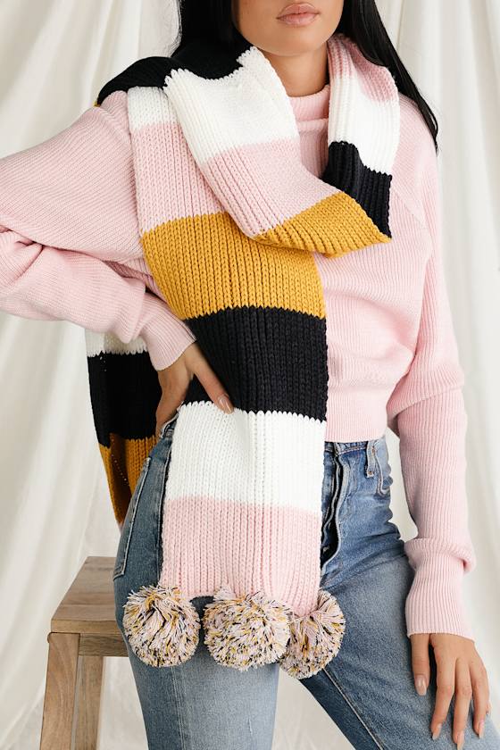 Cozy Colorblock Scarf - Pom Pom Scarf - Cozy Knit Scarf - Scarf - Lulus