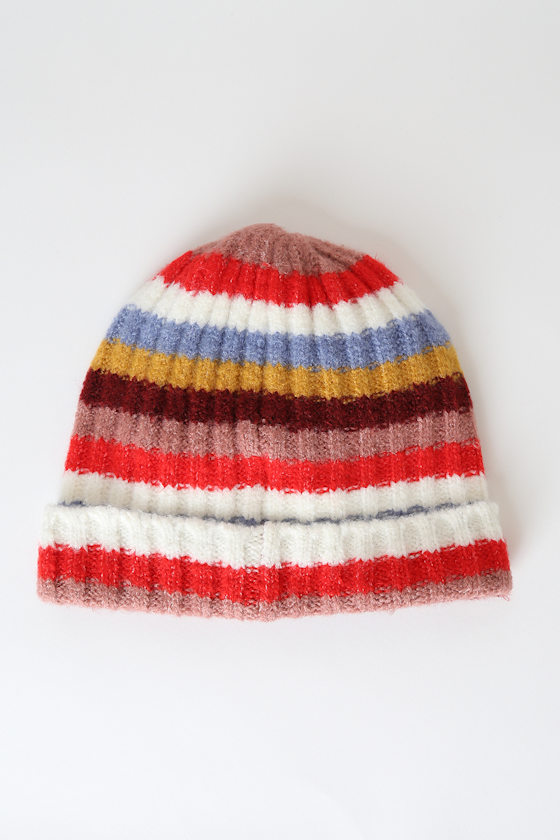 Cozy Red Multi Striped Beanie - Rib Knit Beanie - Ribbed Beanie - Lulus