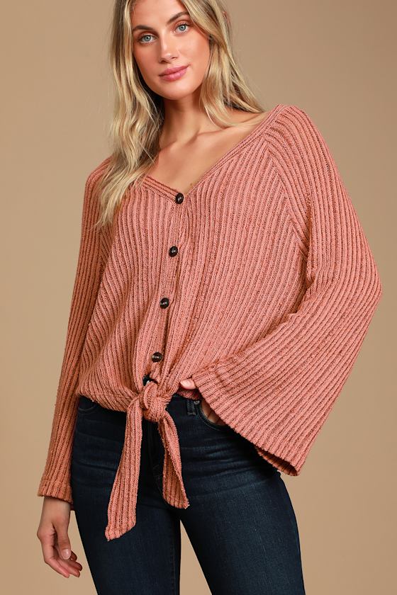 Loose Knit Sweater Top - Tie-Front Sweater - Bell Sleeve Sweater - Lulus