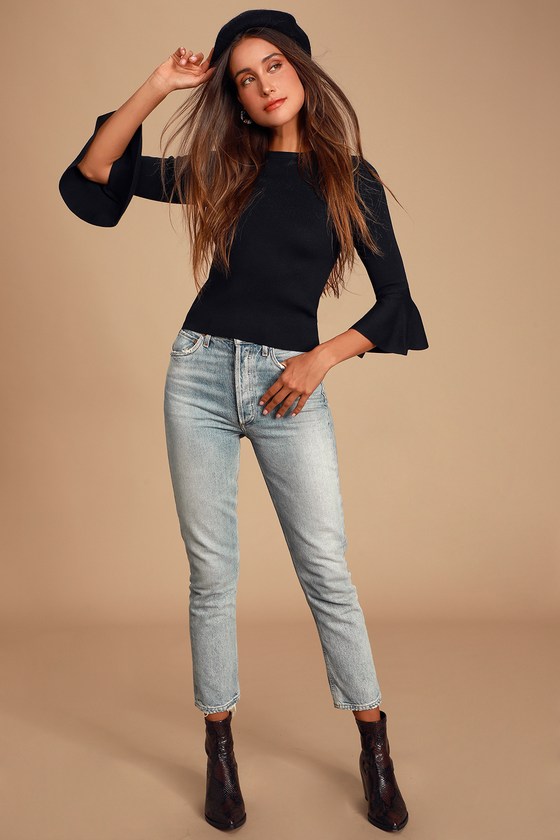 Chic Black Flounce Sleeve Sweater Top Bell Sleeve Sweater Lulus