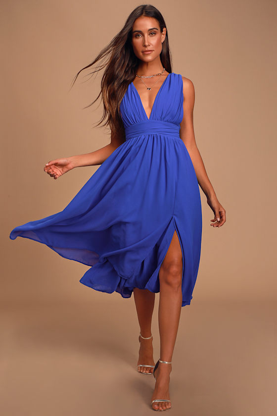 Cute Blue Dress - Royal Blue Midi Dress - Plunging V-neck Dress - Lulus