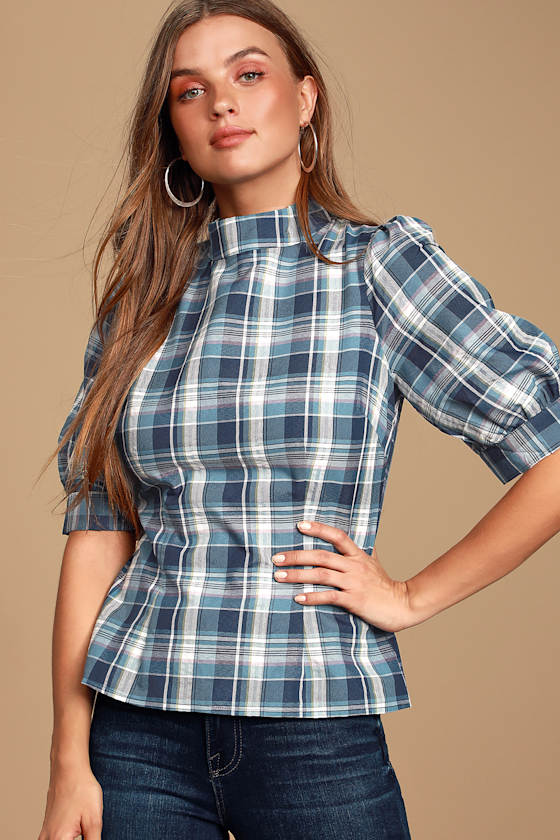 Cute Blue Plaid Top - Mock Neck Top - Half Sleeve Plaid Blouse - Lulus