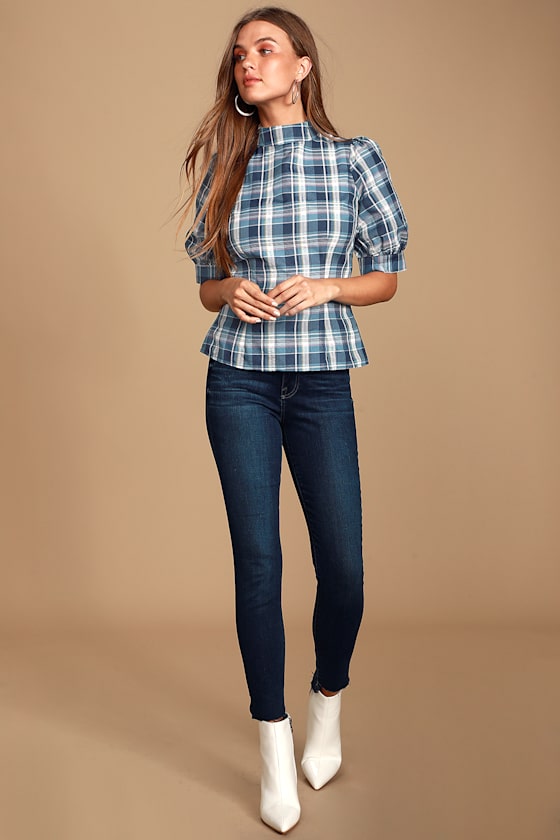 Cute Blue Plaid Top - Mock Neck Top - Half Sleeve Plaid Blouse - Lulus