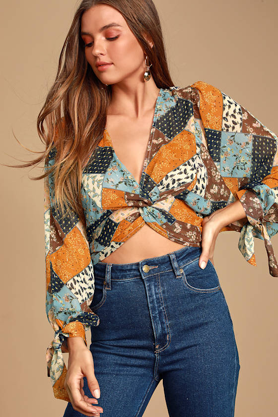 Moon River - Patchwork Top - Long Sleeve Top - Twist Front Top - Lulus