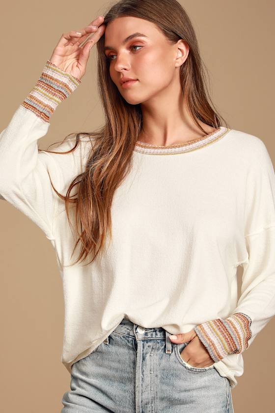 Cute Cream Sweater - Three-Quarter Sleeve Top - Striped Sweater - Lulus