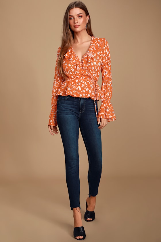 Cute Orange Top - Ruffled Wrap Top - Blouse - Floral Print Top - Lulus