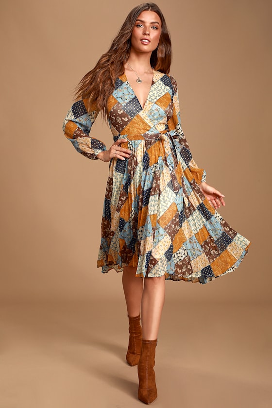 Multi Patchwork Print Dress - Pleated Dress - Midi Wrap Dress - Lulus