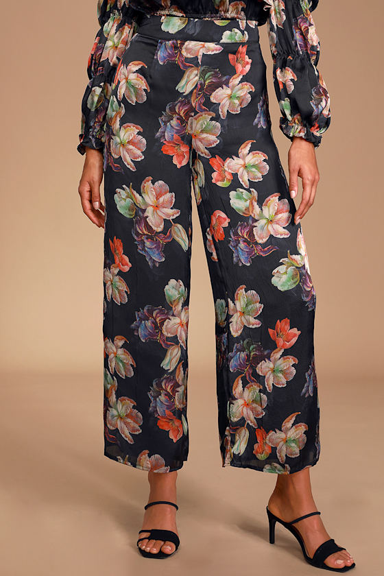 Pretty Floral Print Pants - Cropped Satin Pants - High-Rise Pants - Lulus