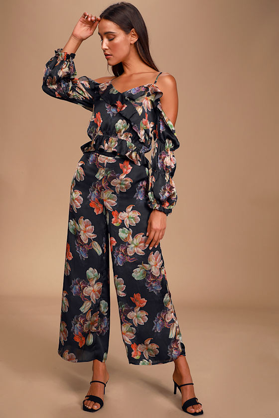 Cute Black Floral Print Top - Satin Top - Off-the-Shoulder Top - Lulus