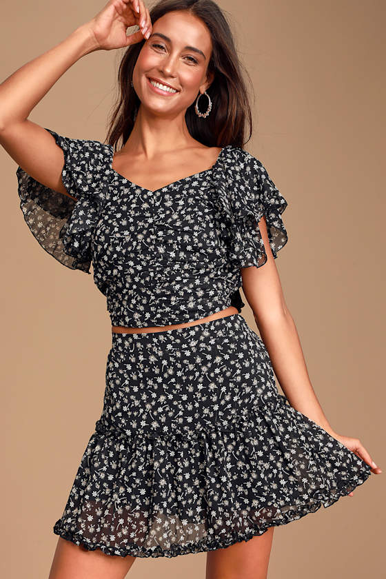 Black Floral Skirt - Floral Mini Skirt - Floral Ruffled Skirt - Lulus