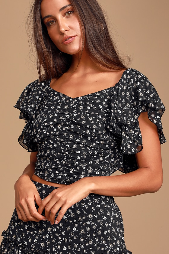 Black Floral Top - Ruched Top - Ruffled Top - Floral Crop Top - Lulus Black Floral Top - Ruched Top - Ruffled Top - Floral Crop Top - Lulus