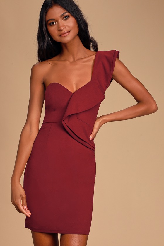 Chic Burgundy Dress One Shoulder Dress Ruffled Bodycon Lulus