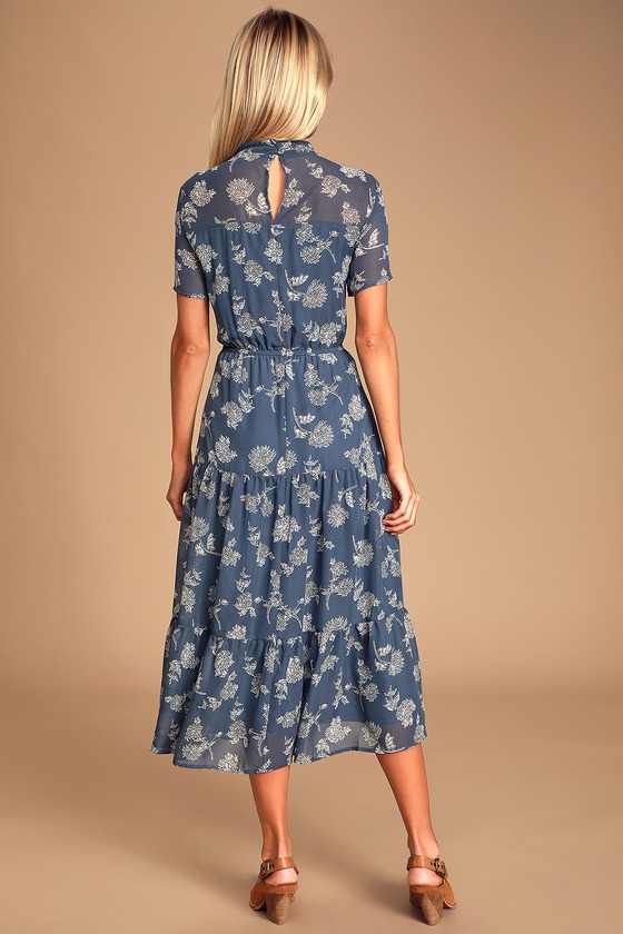 Dusty Blue Floral Print Dress Midi Dress Short Sleeve Dress Lulus