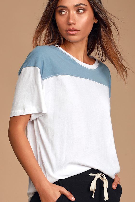 Cute White and Slate Blue Tee - Color Block Tee - T-Shirt - Lulus