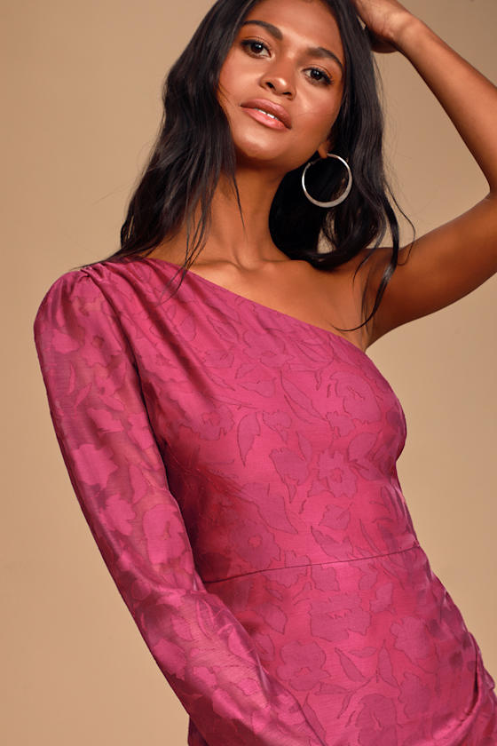 Magenta Burnout Floral Print Dress - One-Shoulder Mini Dress - Lulus