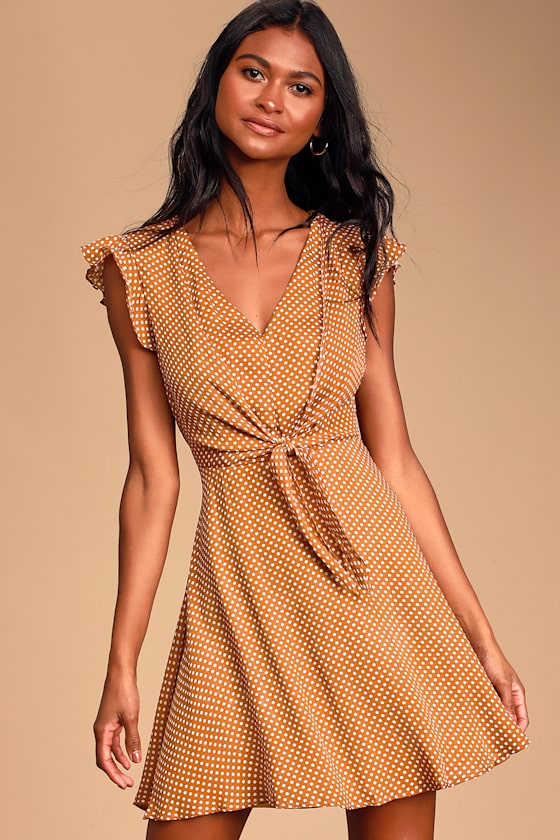 Darling Camel Polka Dot Dress - Tie-Front Dress - Skater Dress - Lulus