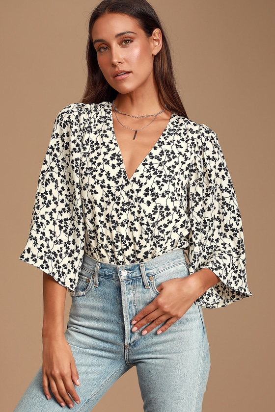 Chic Vine Print Bodysuit Surplice Bodysuit Cream Bodysuit Lulus